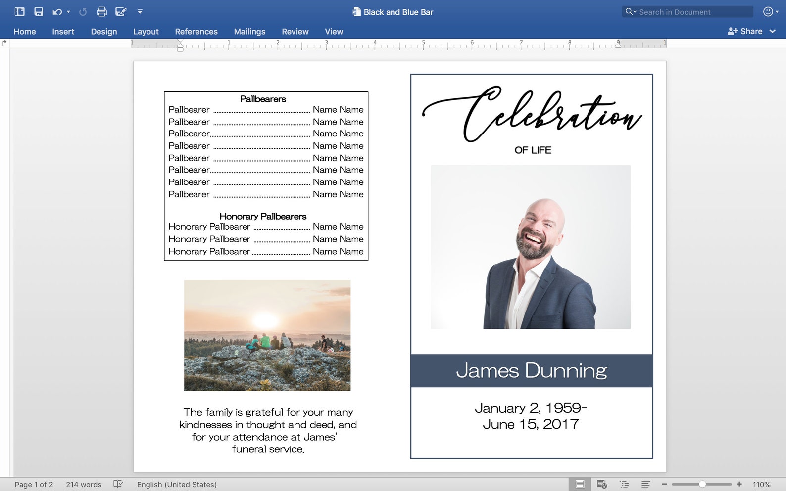 LDS Funeral Program Template for Man Blue Minimal Editable Funeral ...