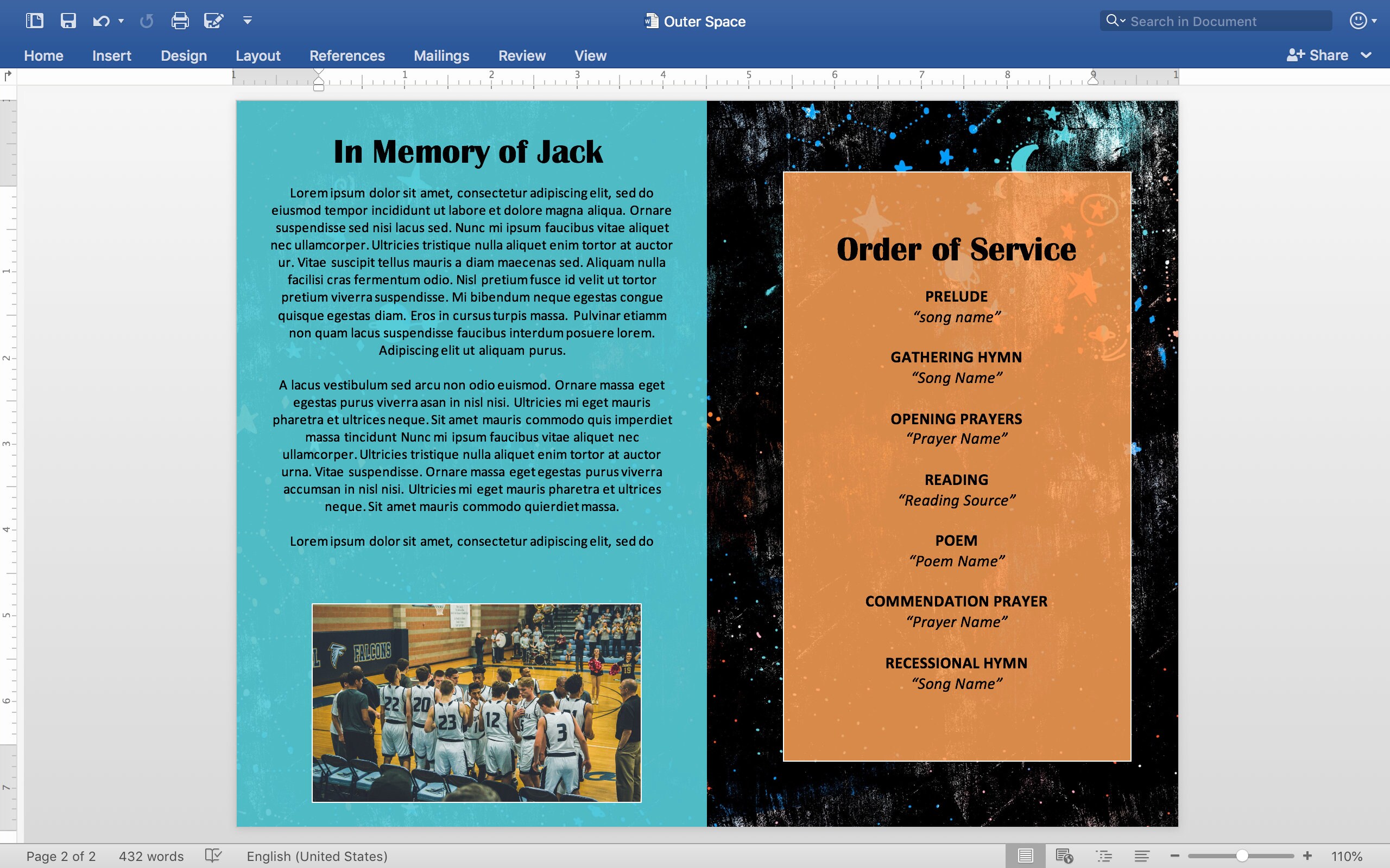 Funeral Program Template Outer Space Memorial Service Simple Funeral ...