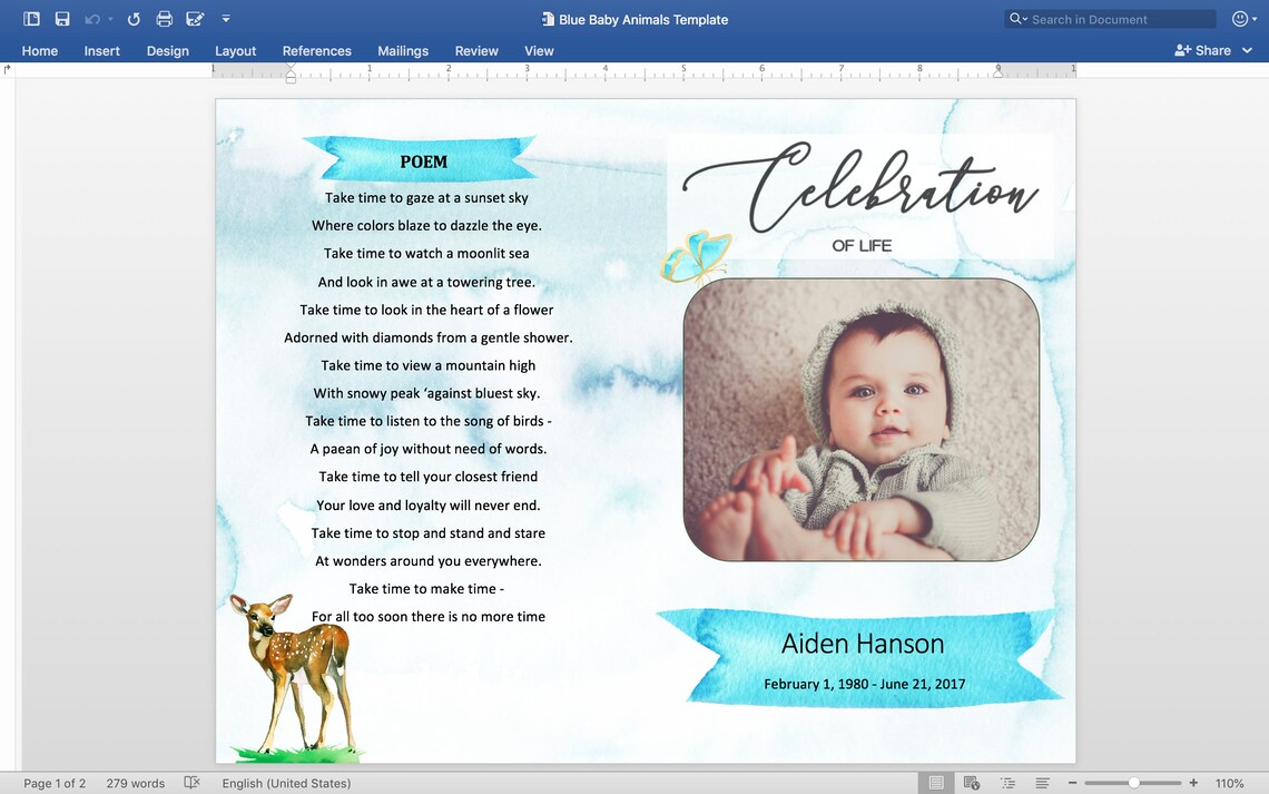 Baby Funeral Program Template Word Watercolor Animals Funeral Blue ...