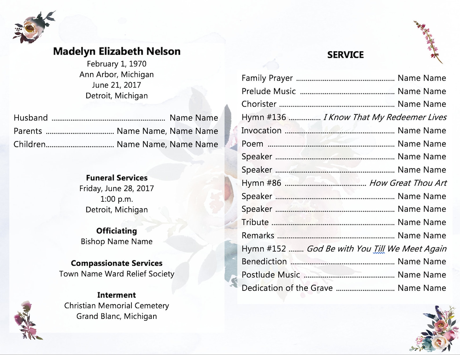 LDS Funeral Program Template Celebration of Life the Church of Jesus ...