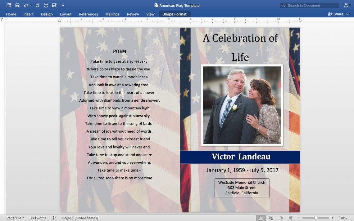 American Flag Funeral Program Template, Memorial Service for Veteran ...
