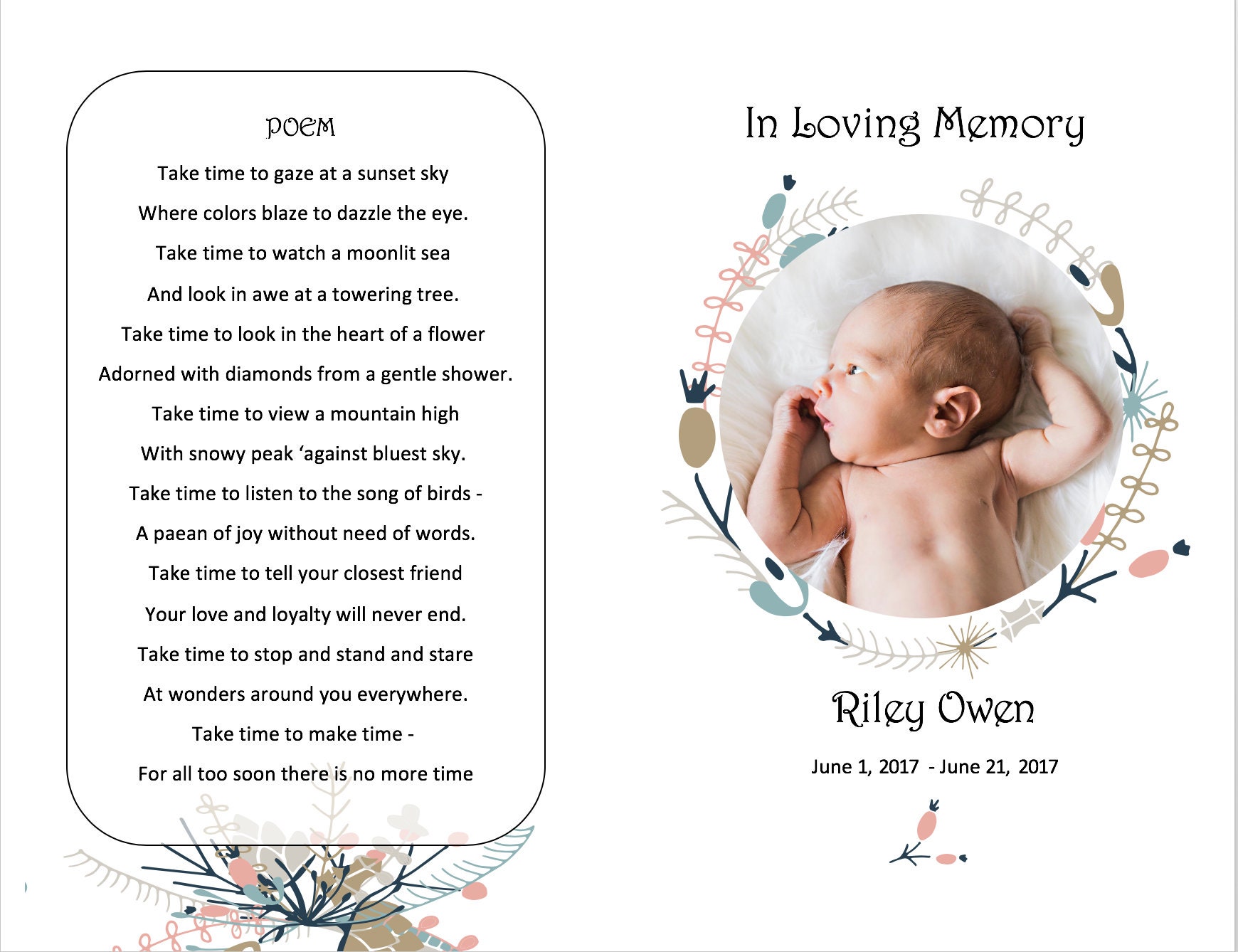 Baby Funeral Program Microsoft Word Template Baby Memorial | Etsy
