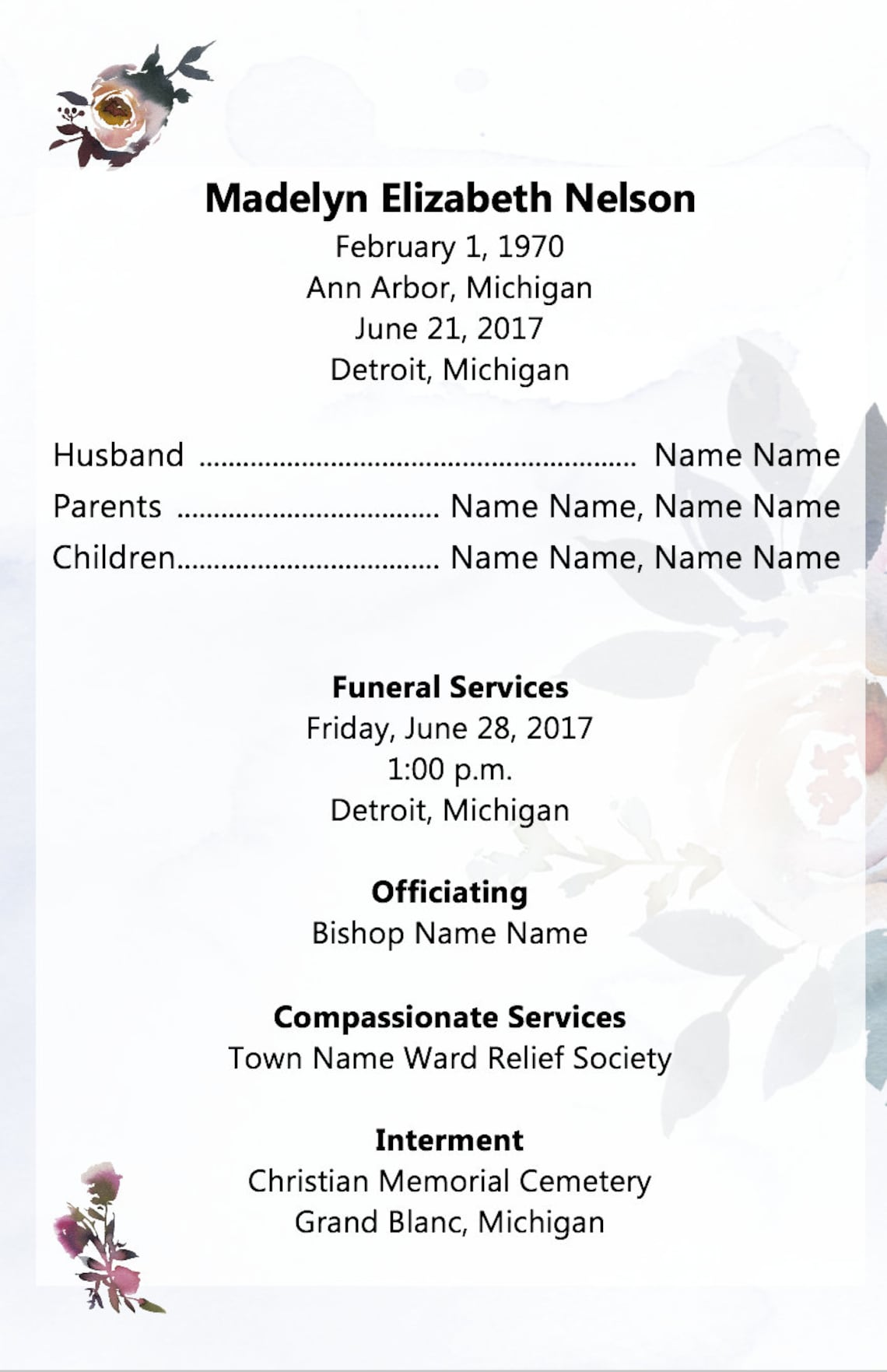 LDS Funeral Program Template Celebration of Life the Church of Jesus ...