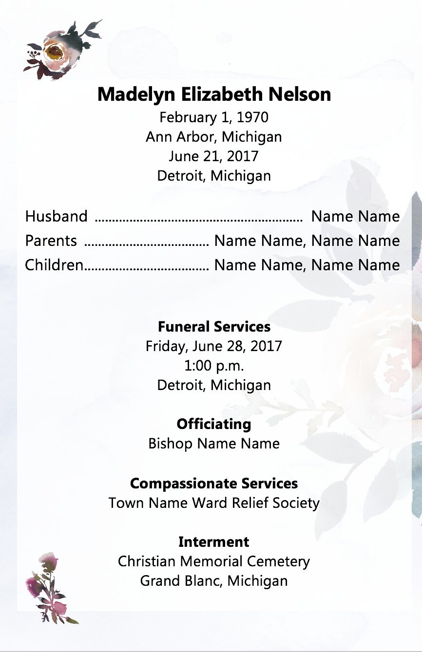 LDS Funeral Program Template Celebration of Life the Church of Jesus ...