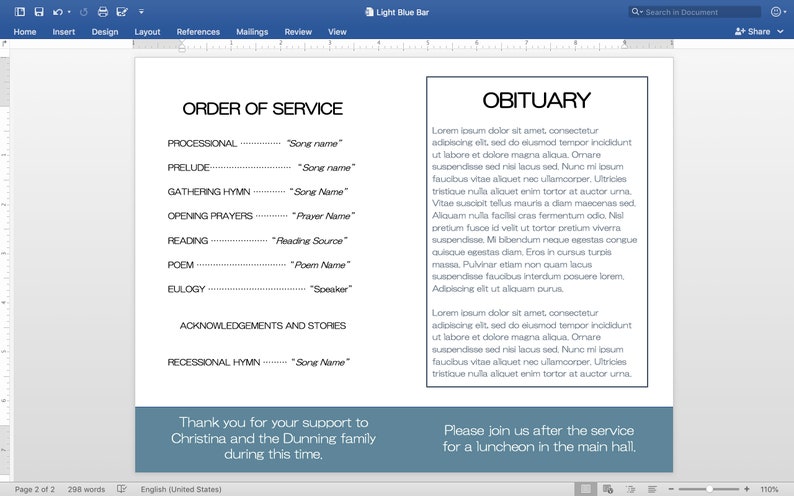 Funeral Program Template Light Blue Memorial Service Simple - Etsy