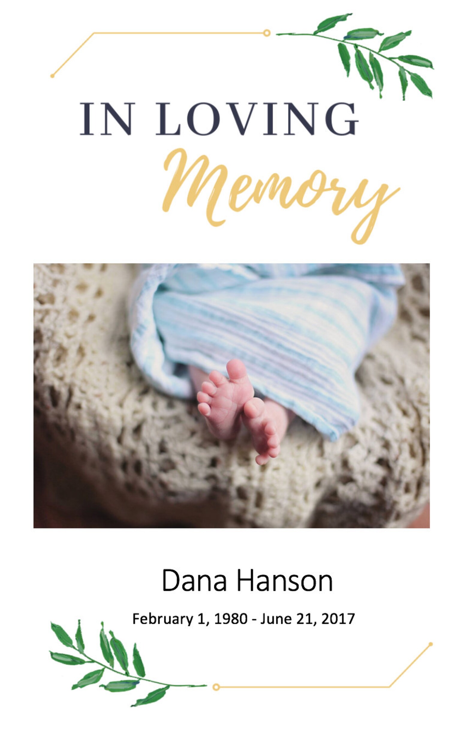 Infant Funeral Program Template Obituary Baby Funeral Simple Leaves ...