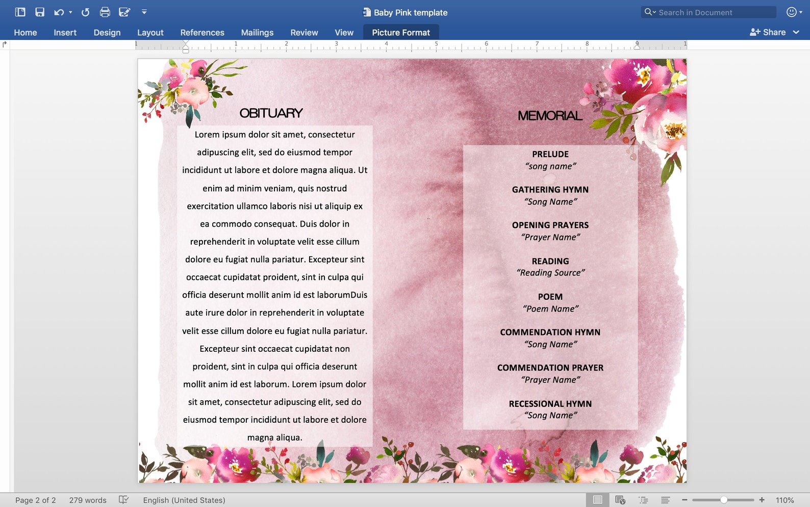 Watercolor Pink Funeral Program Template Baby Memorial Service - Etsy