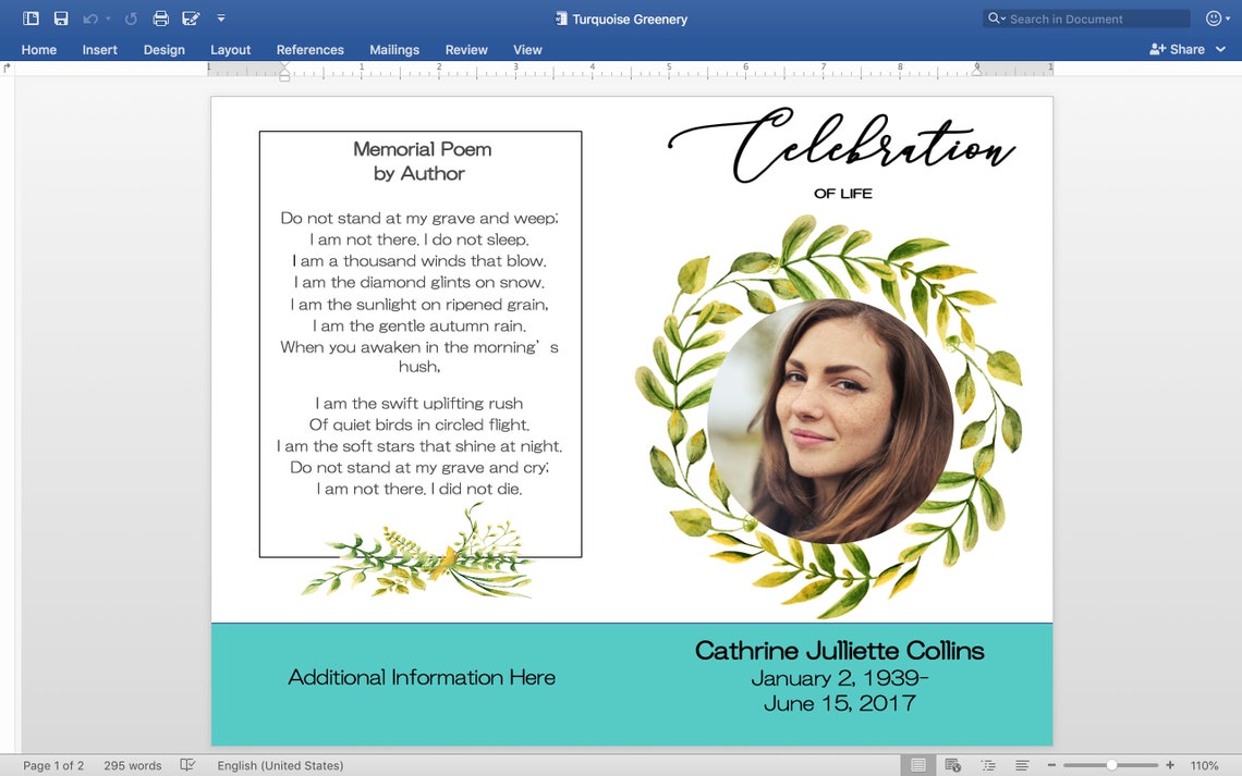 Turquoise Funeral Program Template Microsoft Word Modern Funeral ...