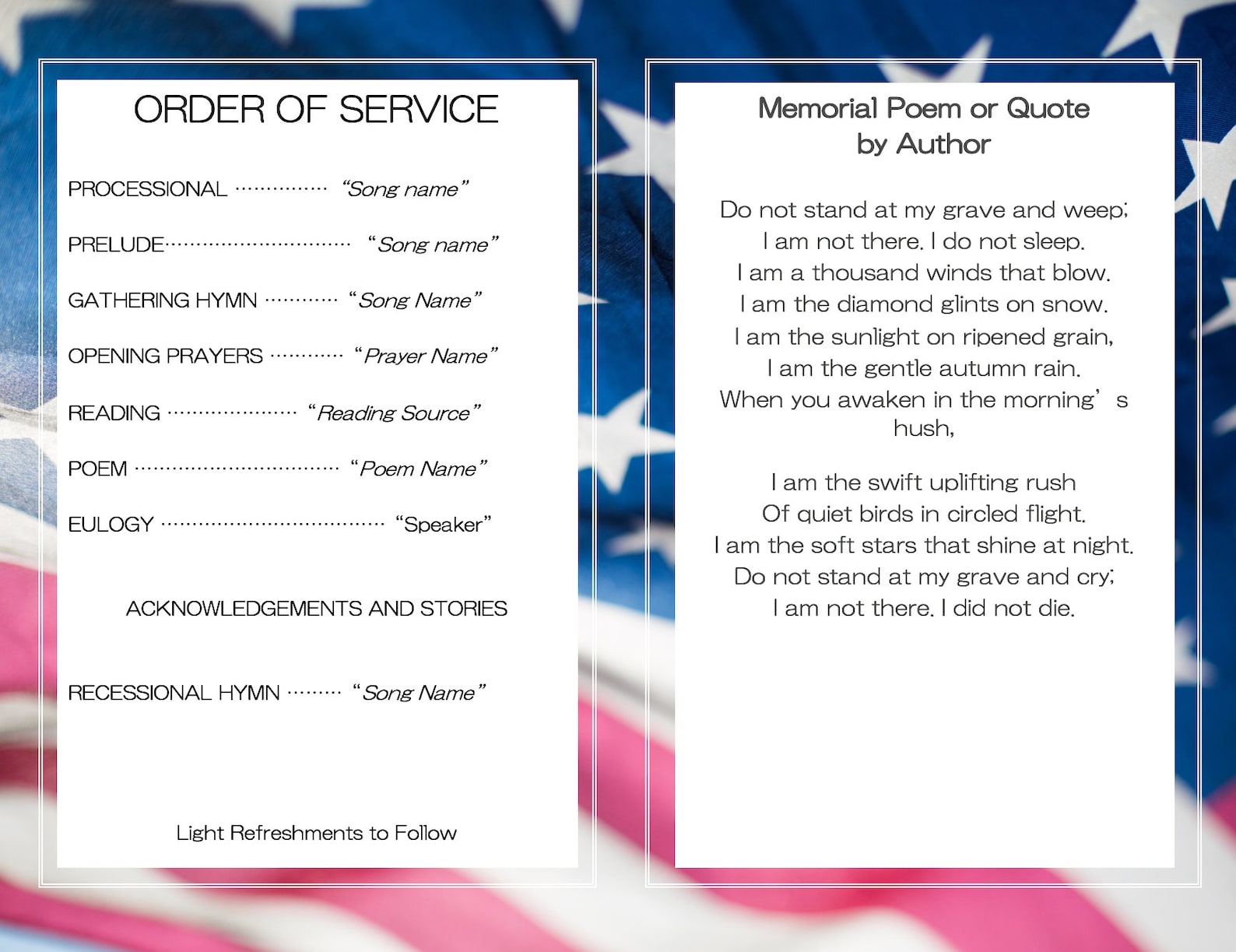 Patriotic Funeral Program Template American Flag 8 Page Program ...