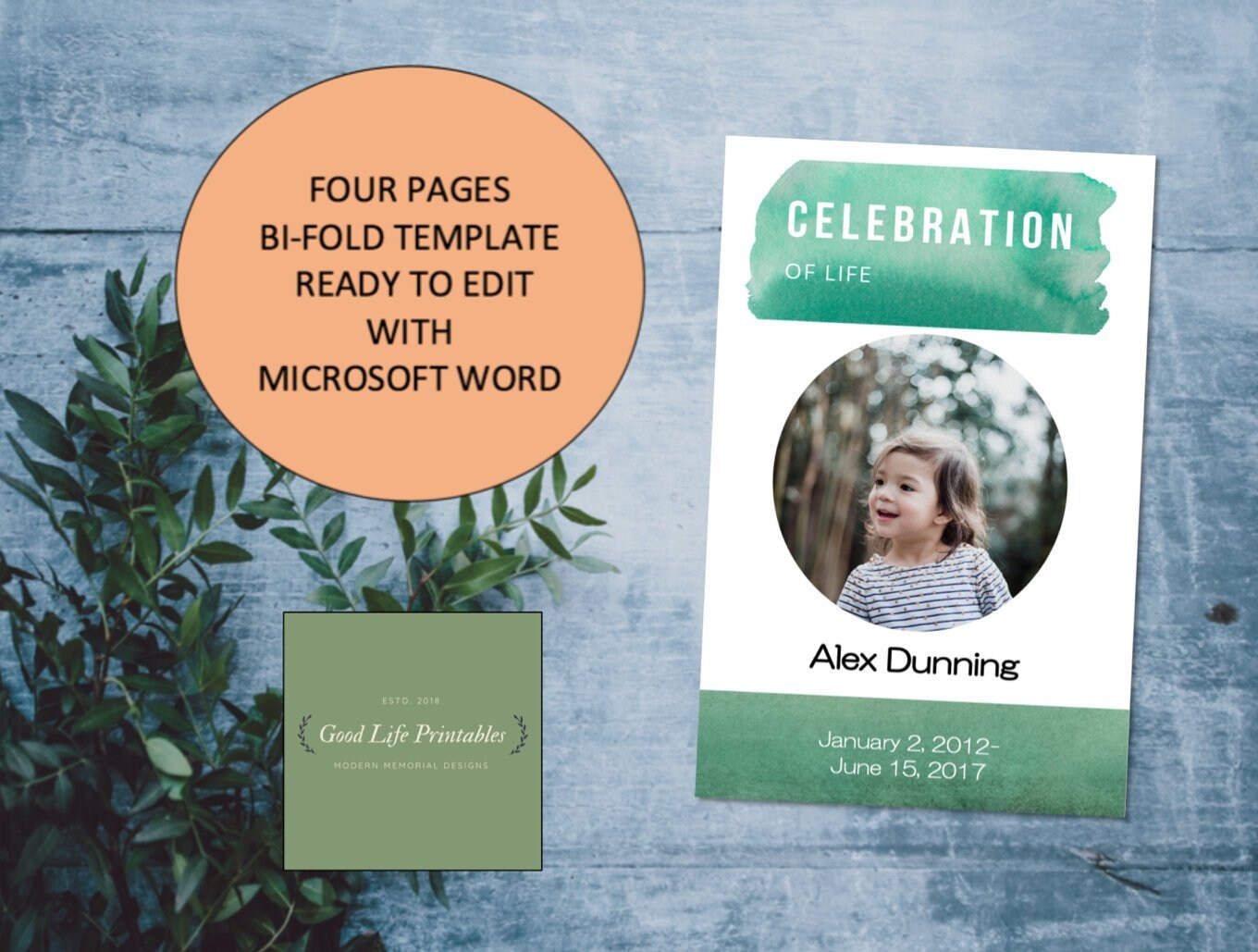 Watercolor Green Funeral Program Template Baby Memorial Service Life ...