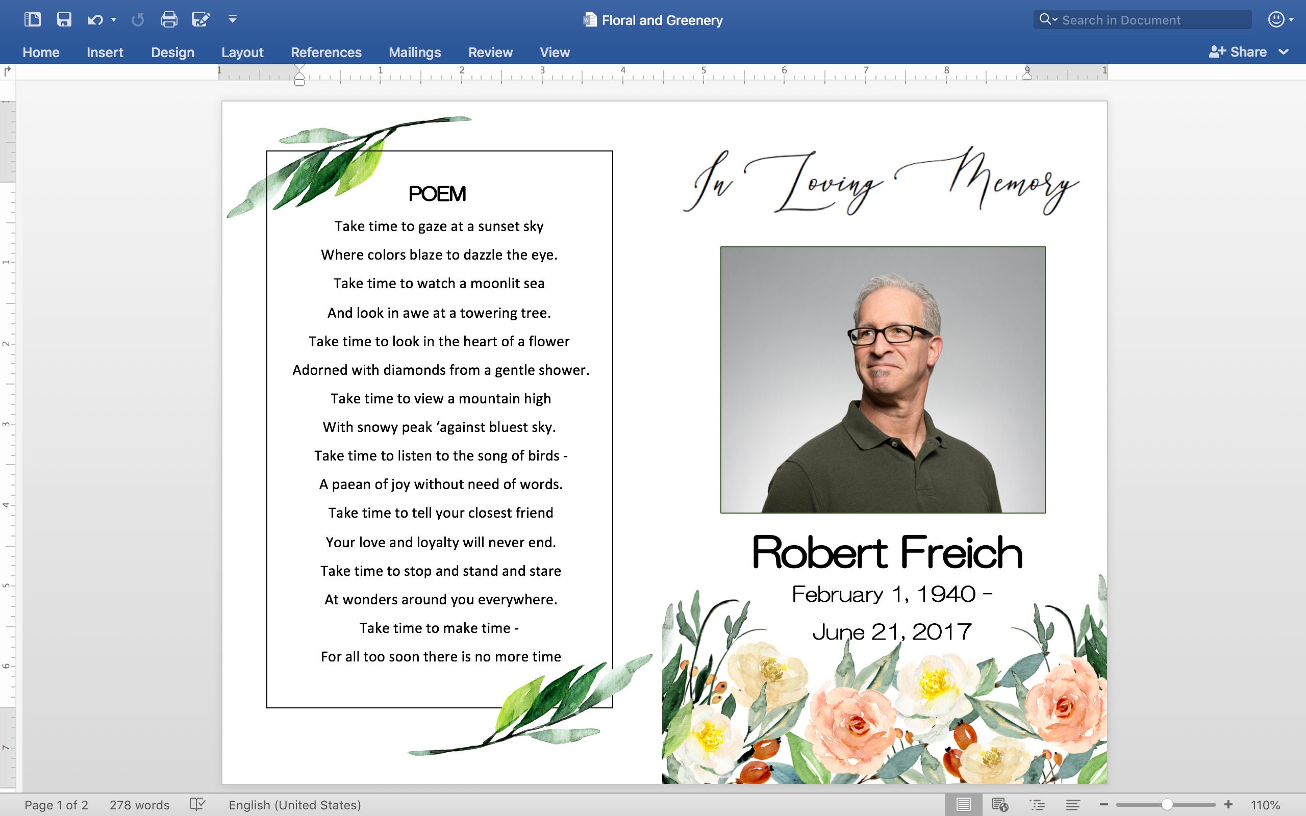 Funeral Program Life Celebration of Life Watercolor Printable - Etsy