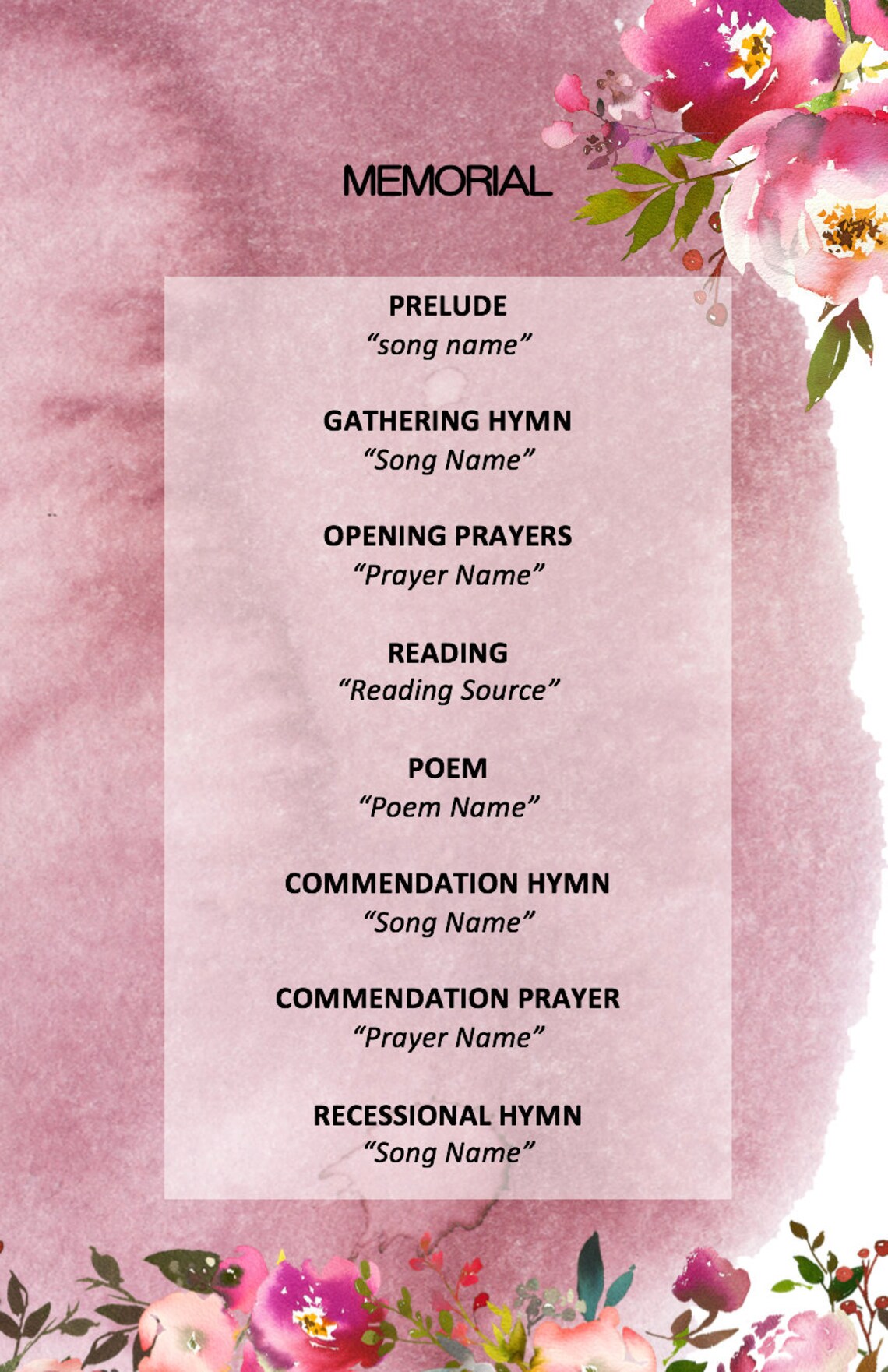 Watercolor Pink Funeral Program Template Baby Memorial Service - Etsy
