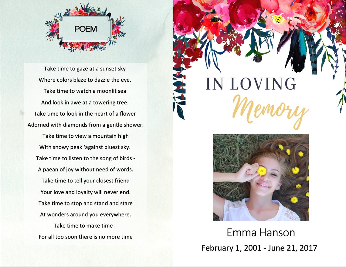 Child Funeral Program Template Floral and Feather Memorial - Etsy