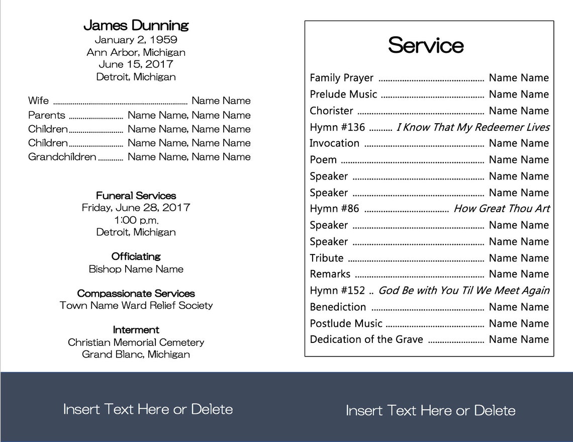 LDS Funeral Program Template for Man Blue Minimal Editable Funeral ...