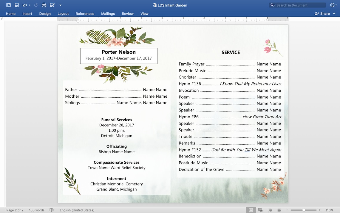 LDS Infant Funeral Program Template Baby Memorial Service Life - Etsy