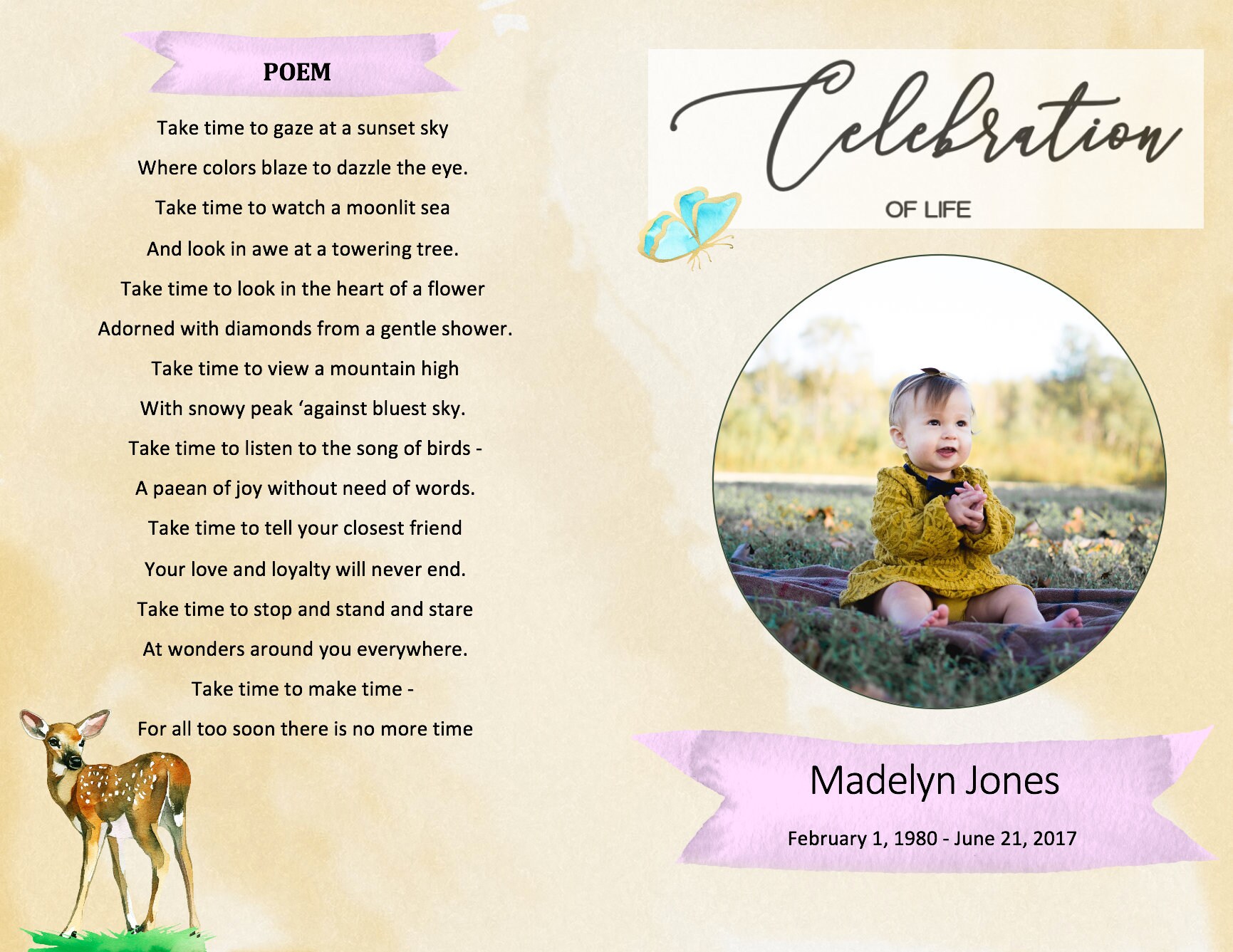Baby Funeral Program Template Word Watercolor Animals Funeral Pink ...