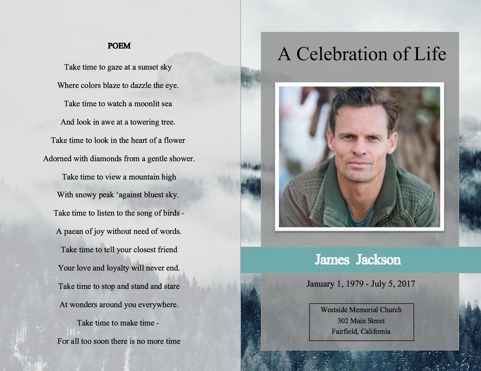 Frosty Trees Masculine Funeral Program Template for Man Blue Nature ...