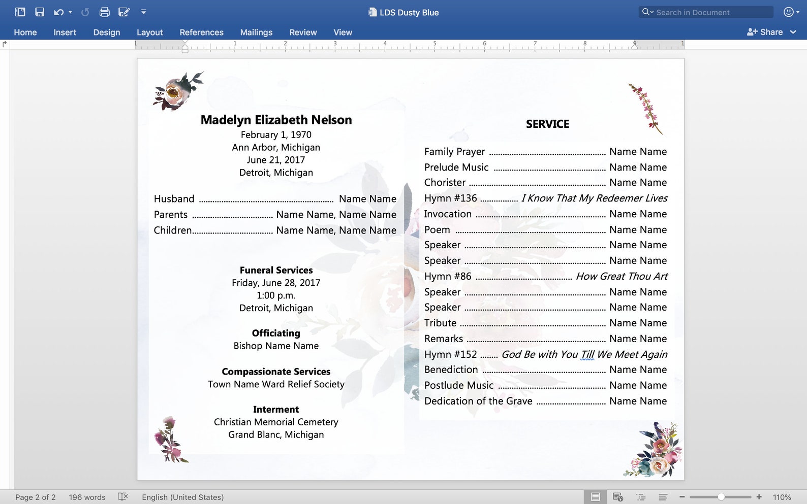 LDS Funeral Program Template Celebration of Life the Church of Jesus ...