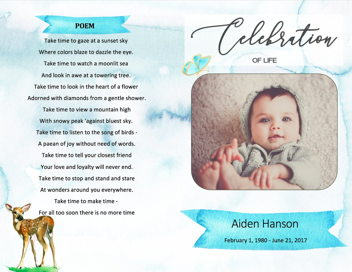 Baby Funeral Program Template Word Watercolor Animals Funeral Blue ...