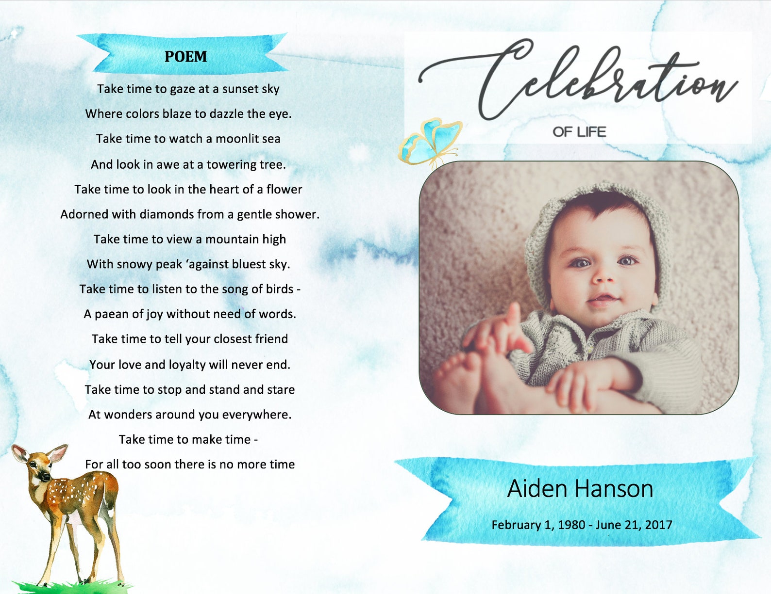 Baby Funeral Program Template Word Watercolor Animals Funeral Blue ...