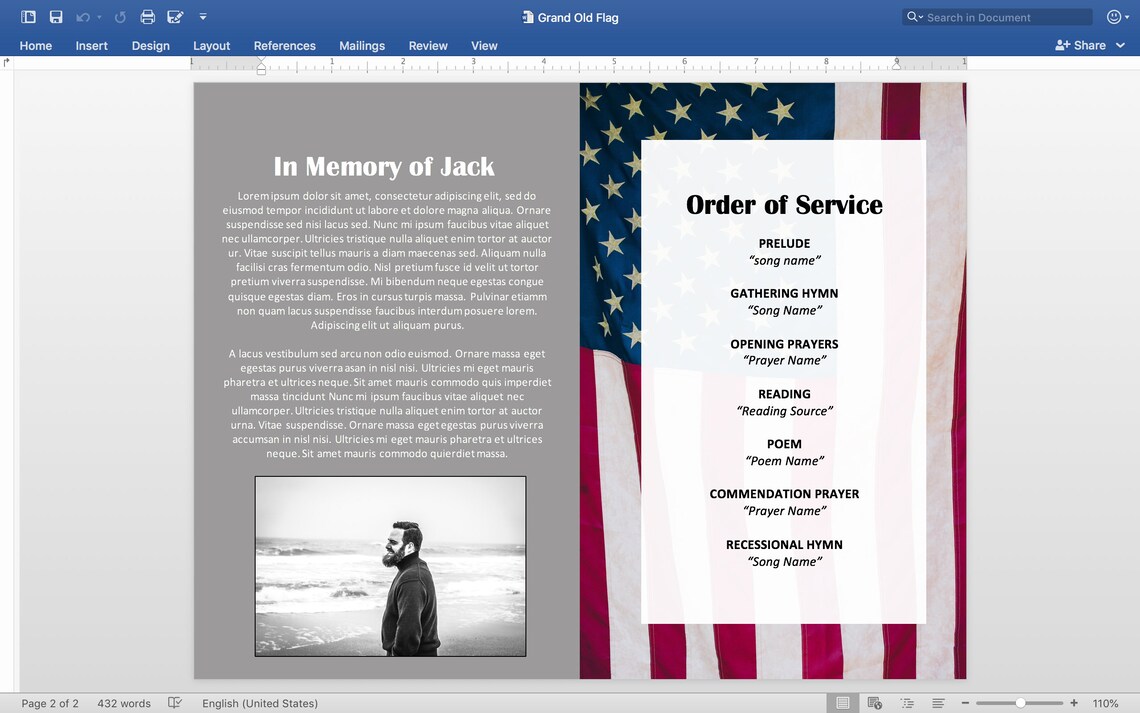 American Flag Printable Funeral Program Template for a Man Patriotic ...