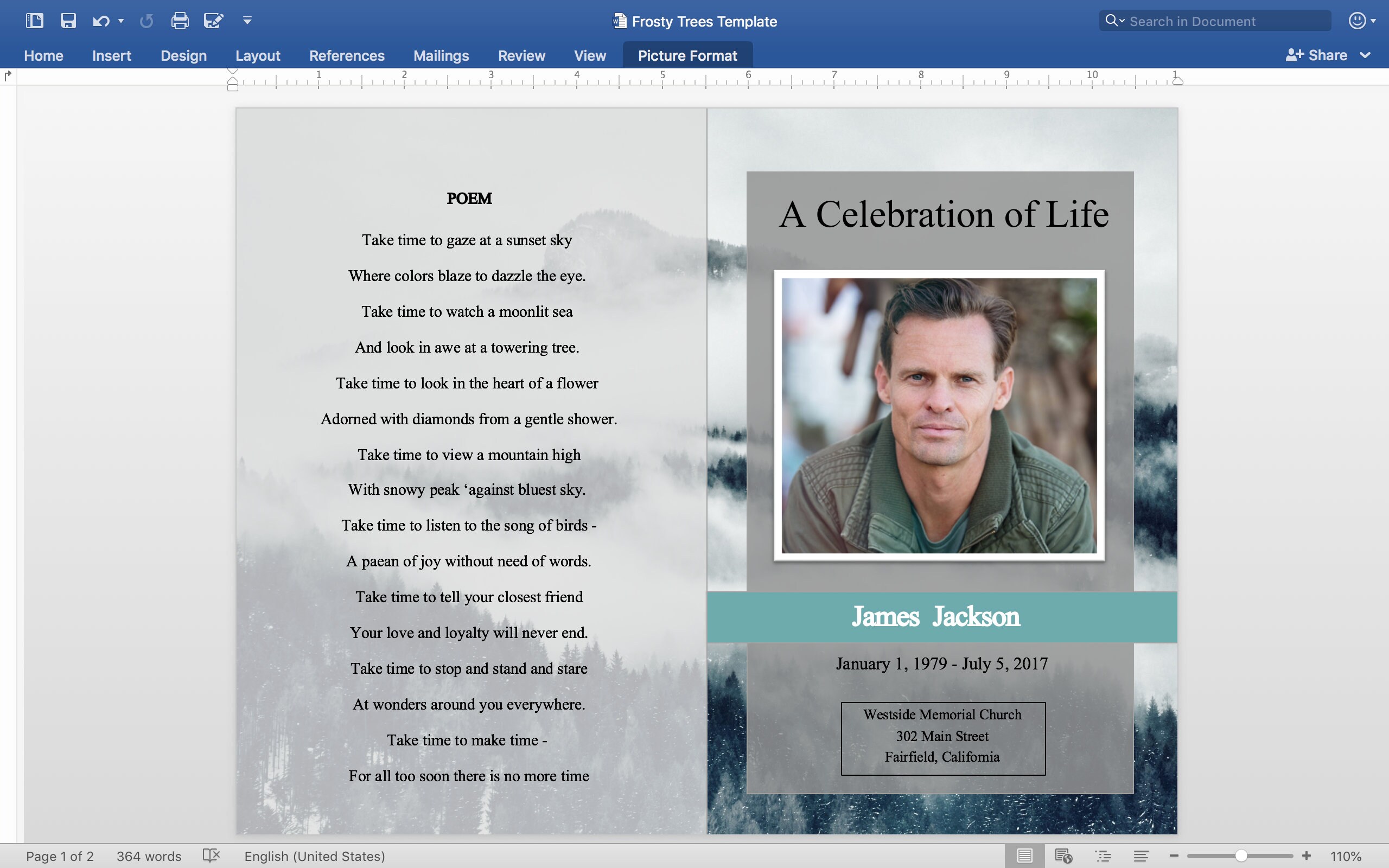 Frosty Trees Masculine Funeral Program Template for Man Blue Nature ...