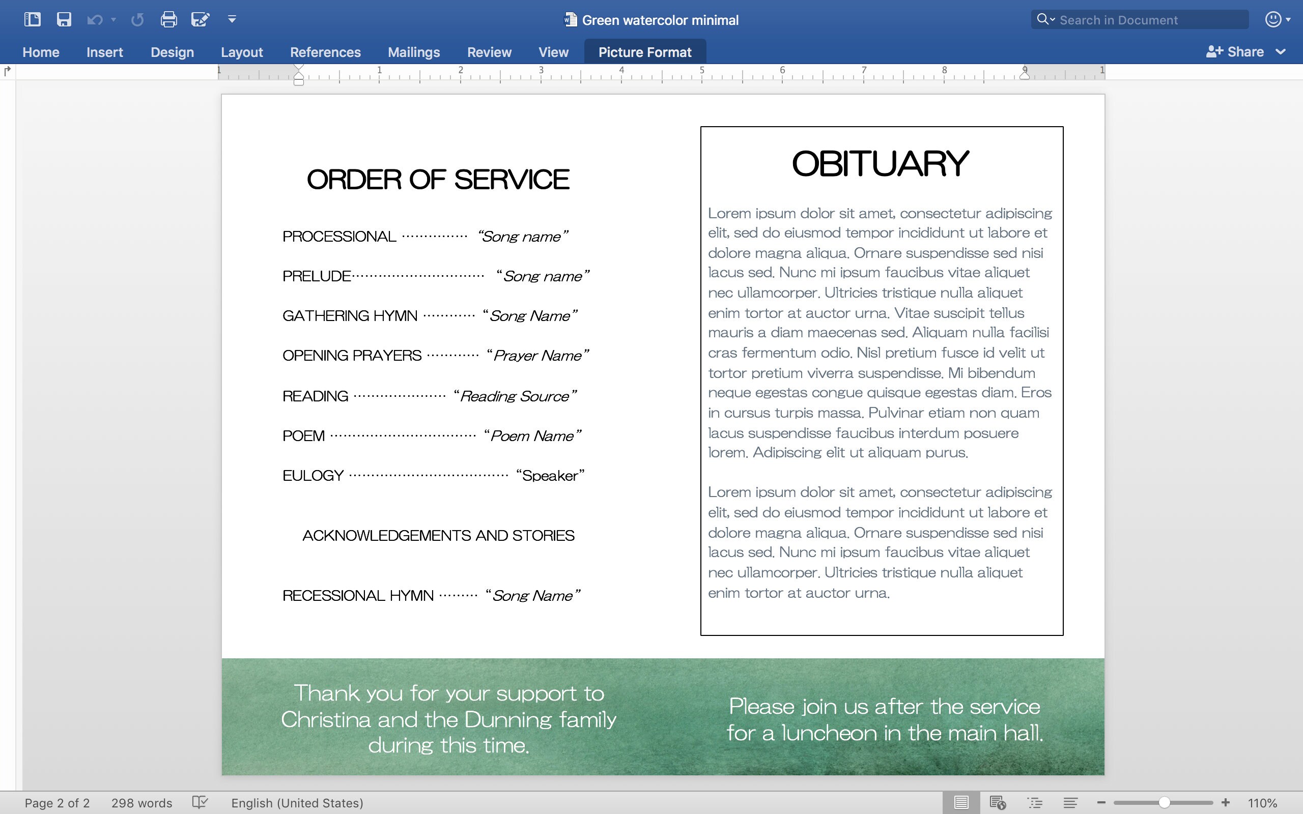 Watercolor Green Funeral Program Template Baby Memorial Service Life ...