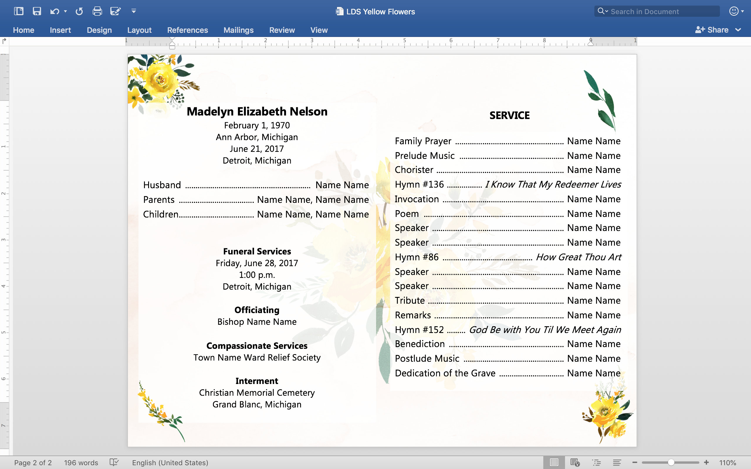 LDS Funeral Program Template Celebration of Life the Church of Jesus ...
