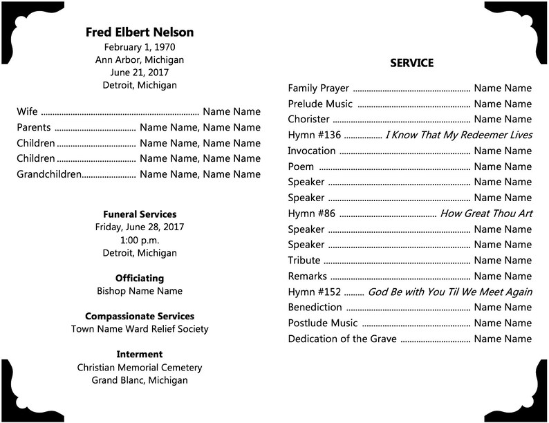 LDS Funeral Program Template For Man The Church Of Jesus Etsy