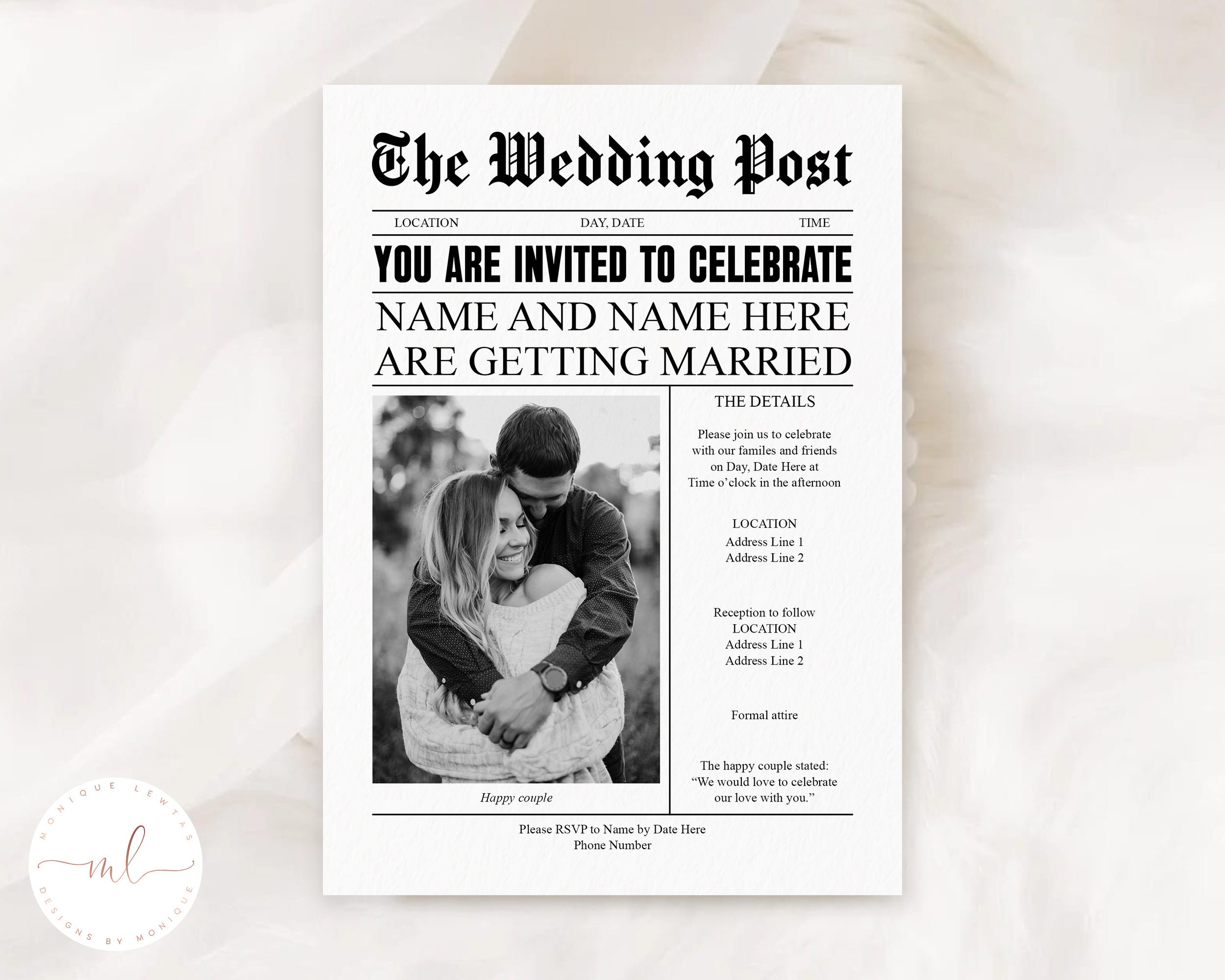 Printed Wedding Newspaper Invitation, Wedding Newspaper Invite, Unique ...