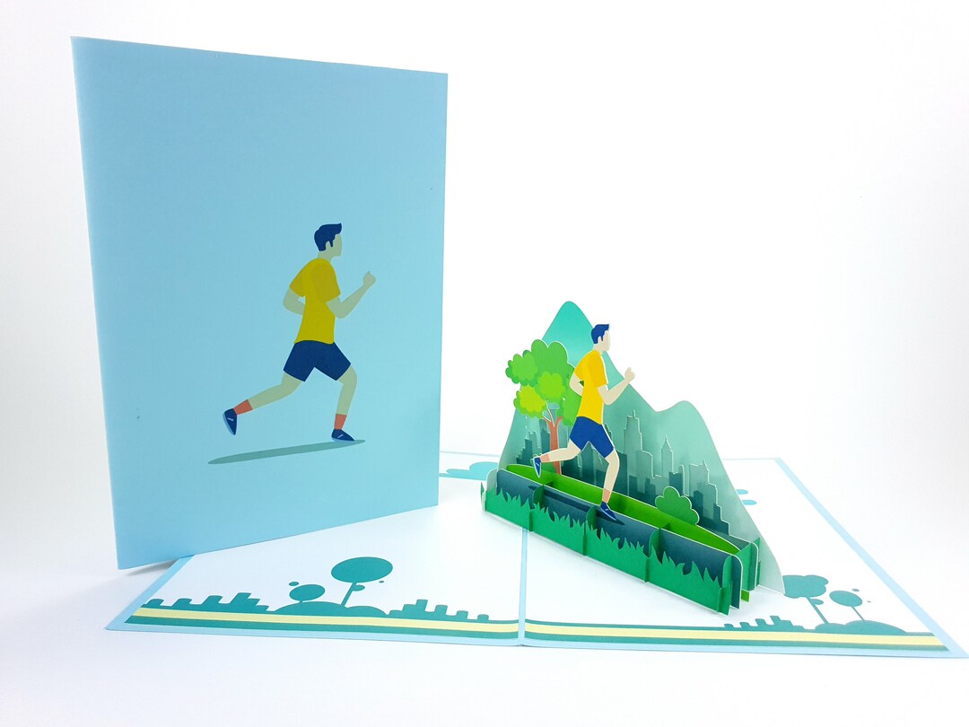 Man Running Jogging Marathon Pop up Kirigiami 3D Cards Handmade Uniqe ...