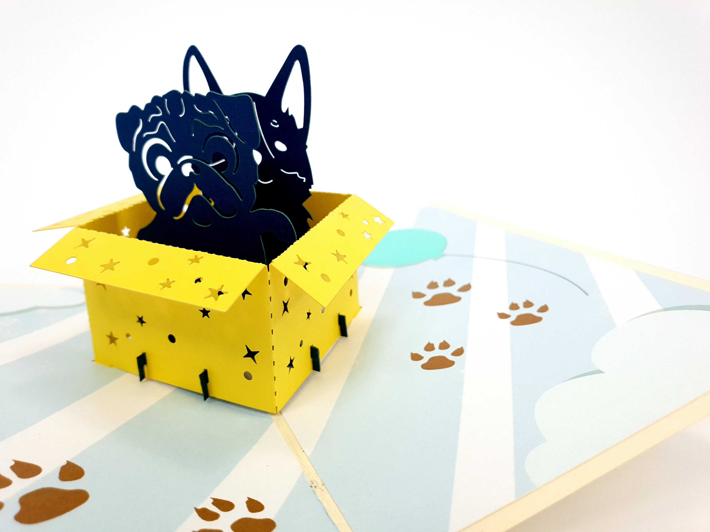 Dogs in Box Pop up Kirigiami 3D Cards Handmade Uniqe Birthday, Wedding ...