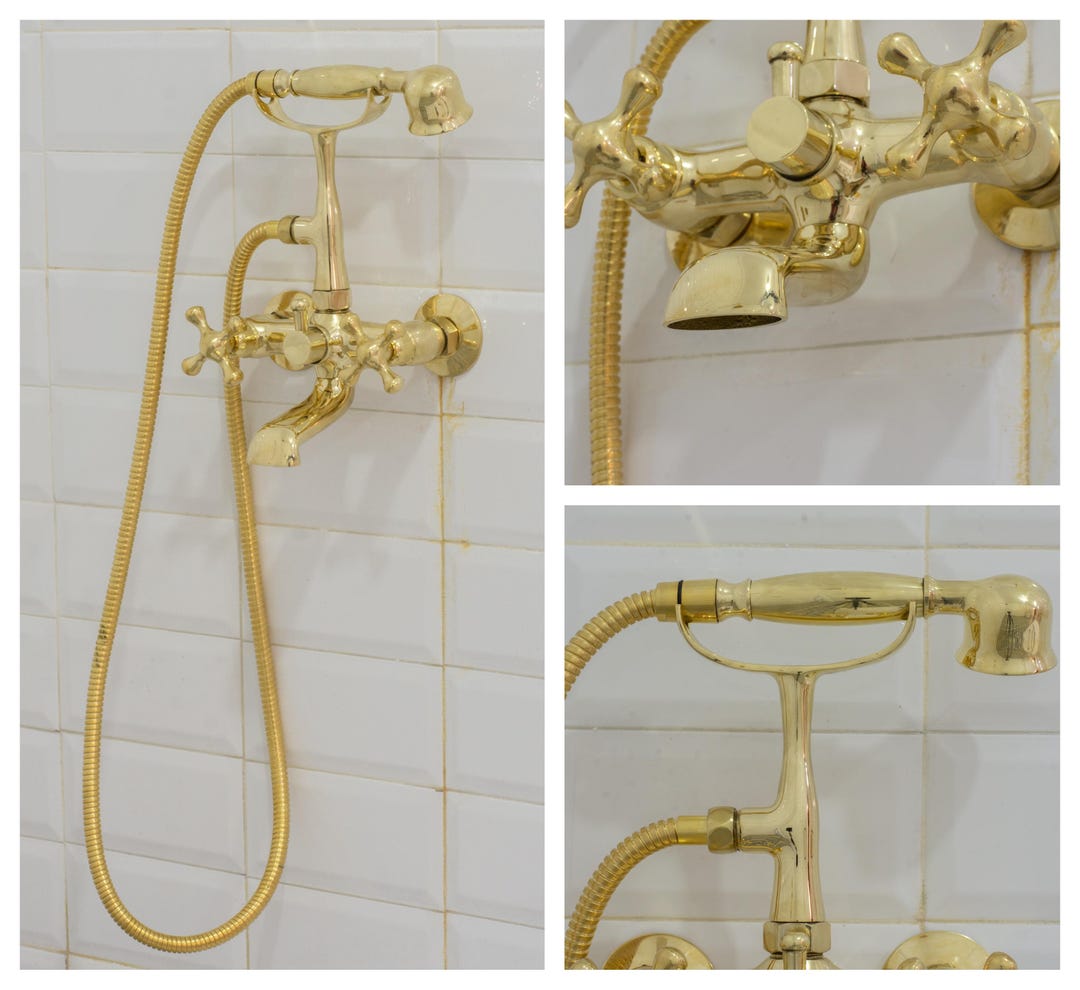 Unlacquered Brass Telephone Tub Filler Handheld Shower, Wall-mount ...