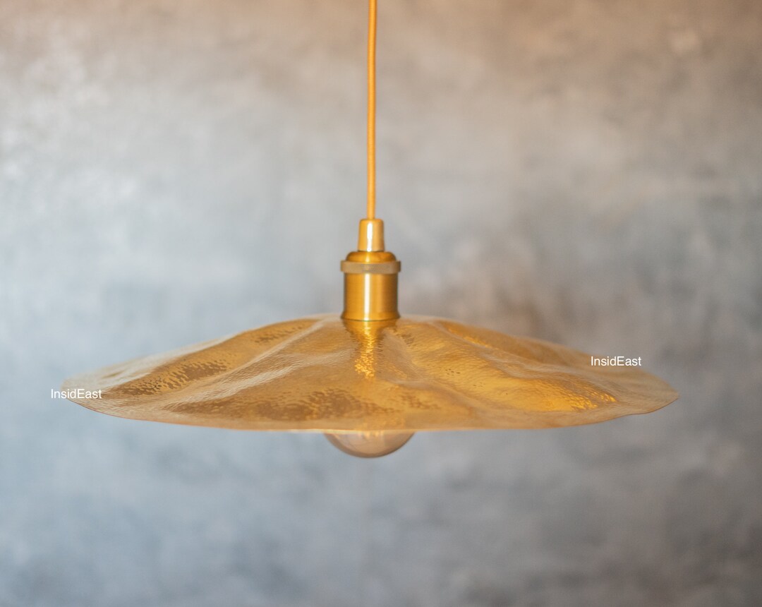 Hammered Brass Flat Disc Pendant Light, Brass Plate Lampshade, Flat ...