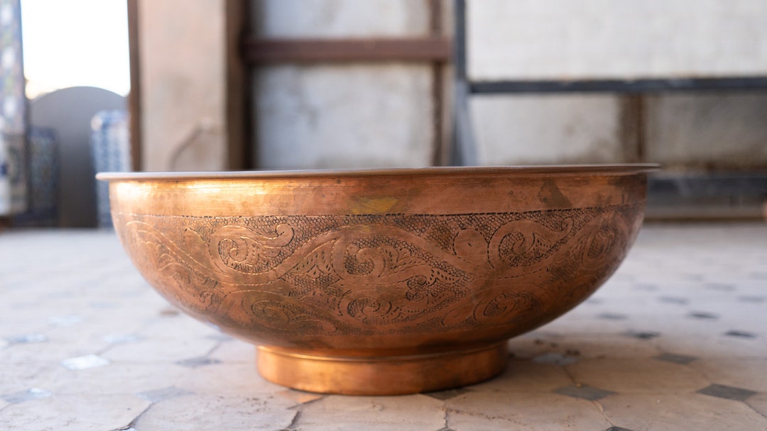 Copper Vessel Sink Engraved Basin Solid Bathroom Vessel Vanity, Counter ...