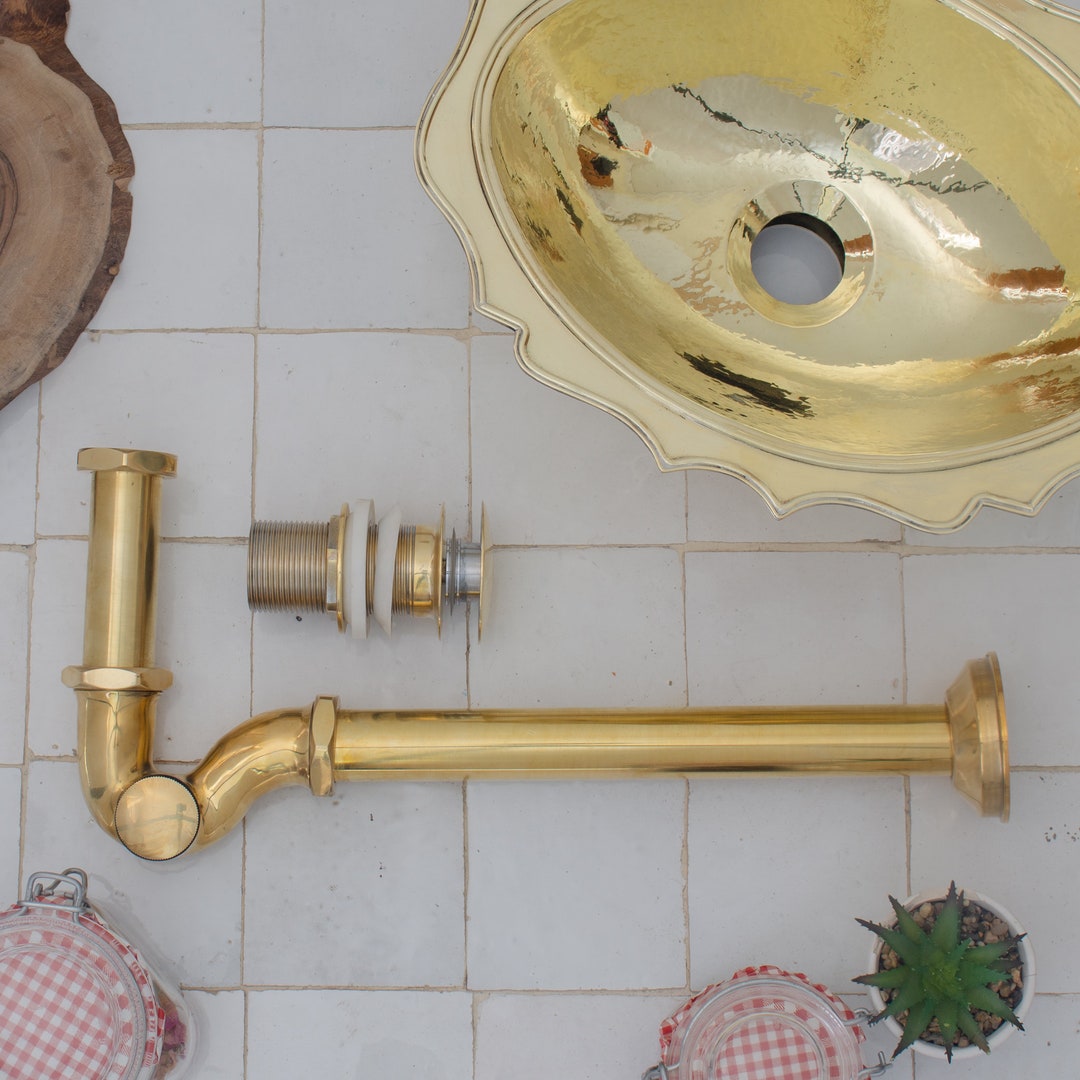 Solid Unlacquered Brass P-trap and Sink Stopper, Push up Button, Pop up ...