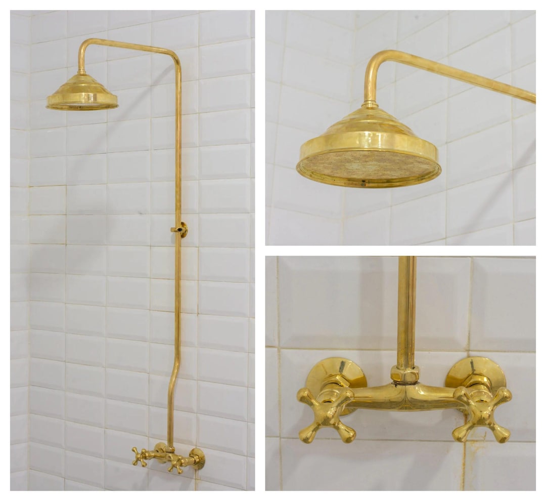 Unlacquered Brass Exposed Shower System, Solid Brass Outdoor Shower ...