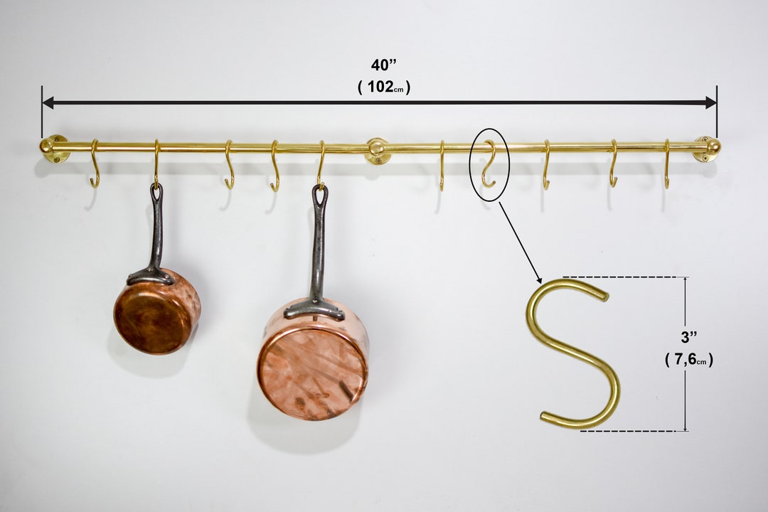 Unlacquered Brass Kitchen Rods, Pot Rail With S Hooks, Pan Rack ...