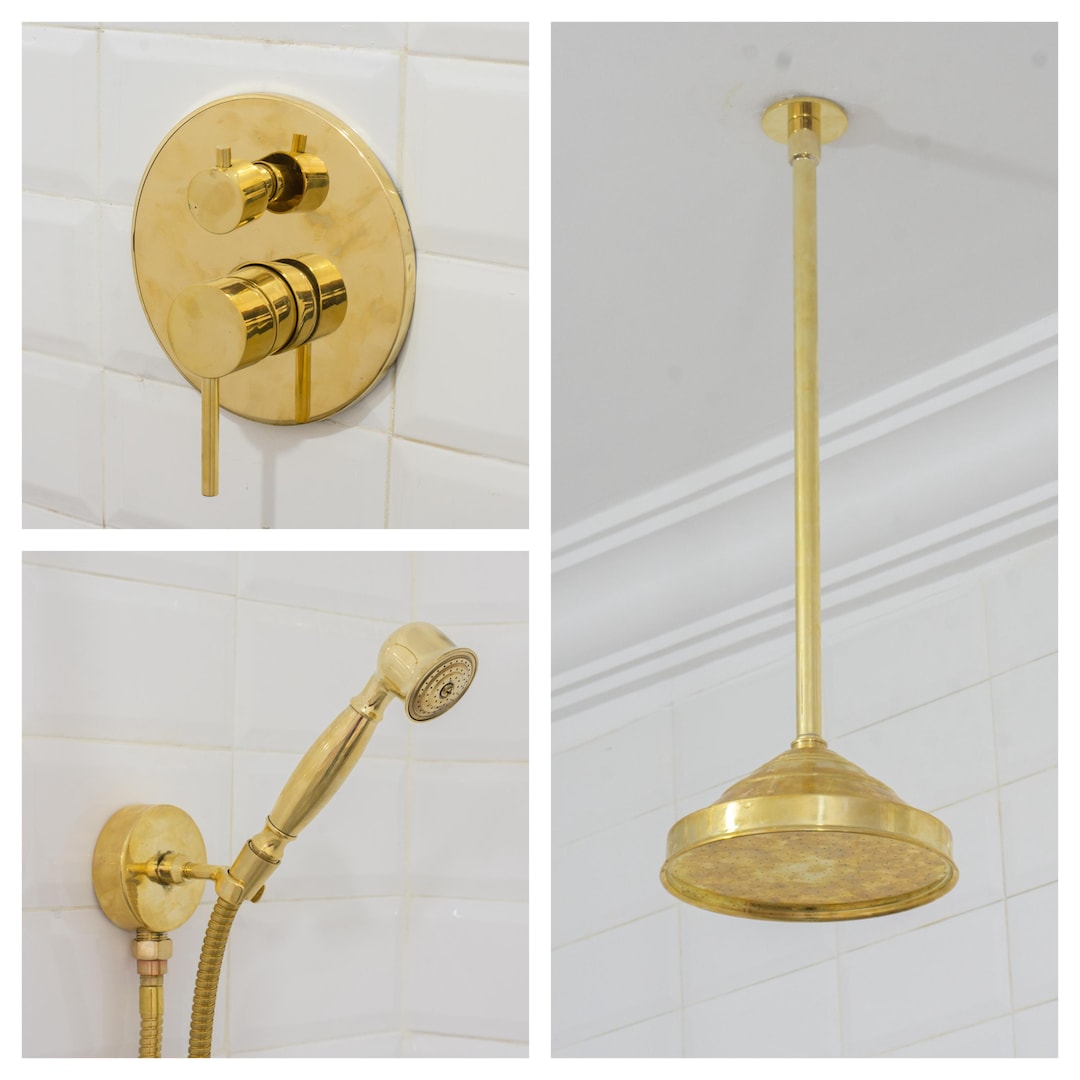 Unlacquered Brass 2-outlet Shower, Ceiling Shower System, Overhead ...