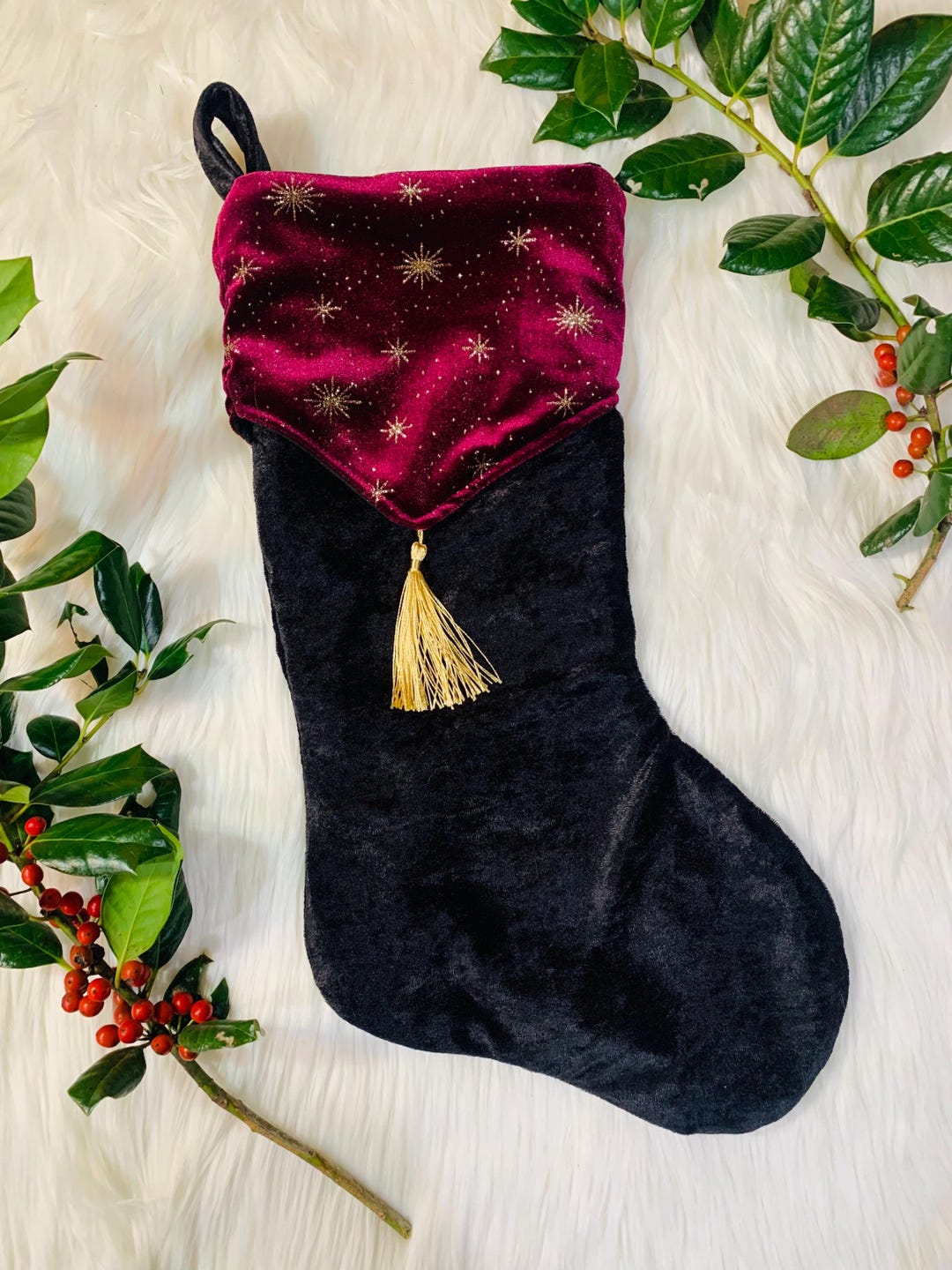 Whimsical Gothic Christmas Stocking | Black Velvet With Burgundy ...