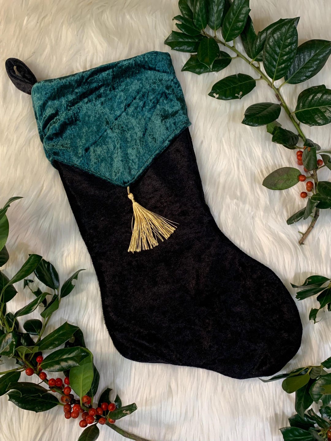 Gothic Christmas Stocking | Black Velvet With Green Detailing | Holiday ...