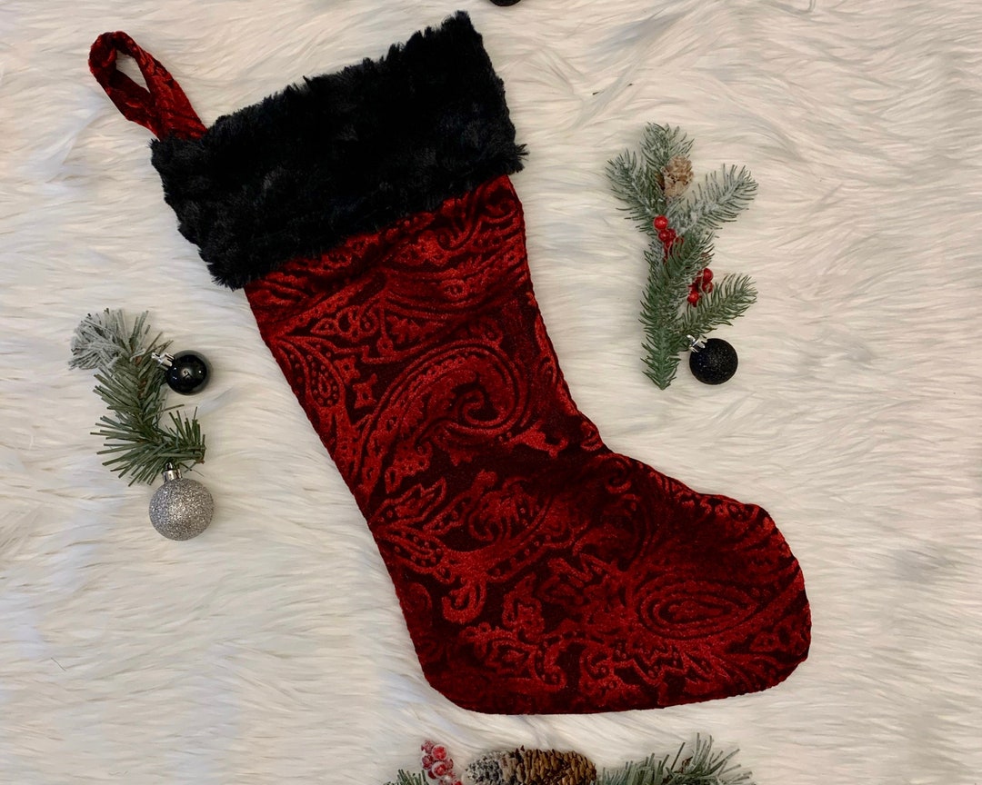 Gothic Christmas Stocking || Red Scroll Velvet With Black Faux Fur ...