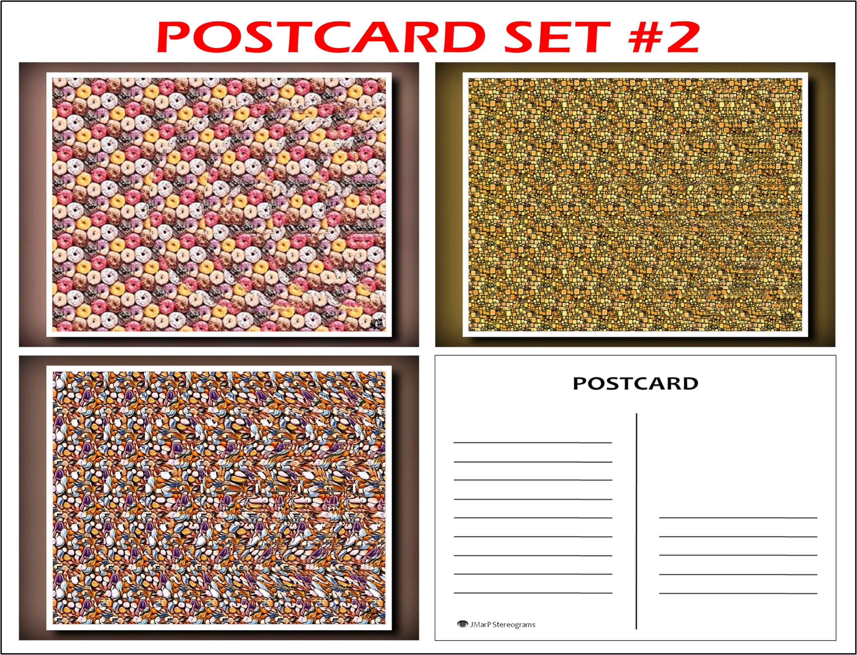 STEREOGRAM POSTCARDS Set 2, Hidden 3D Donut, Bananas, and Purple Spiral ...