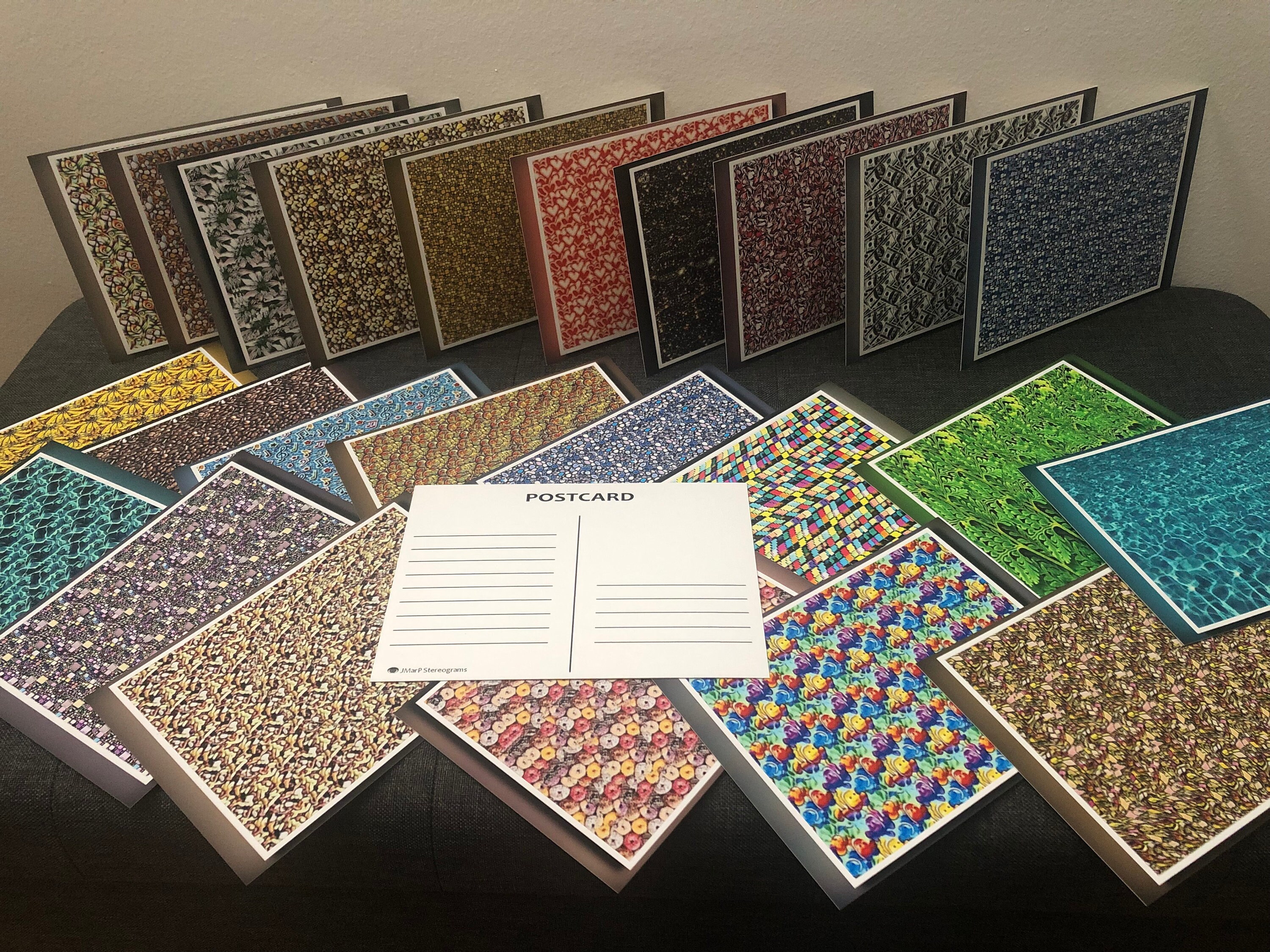 STEREOGRAM POSTCARDS Set 2, Hidden 3D Donut, Bananas, and Purple Spiral ...