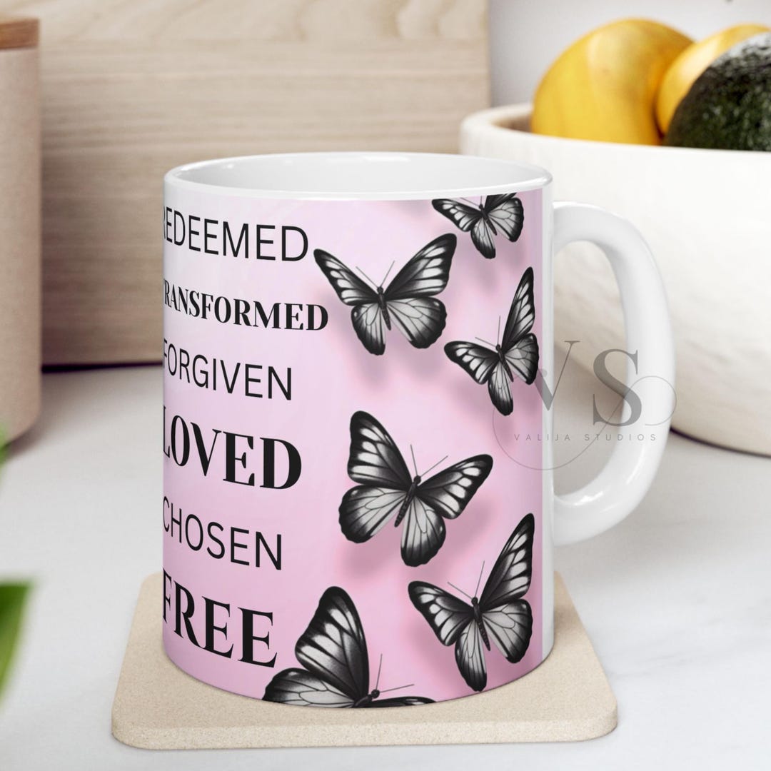 Christian Mug for Women, Pink Butterfly Faith Mug, Redeemed Forgiven ...