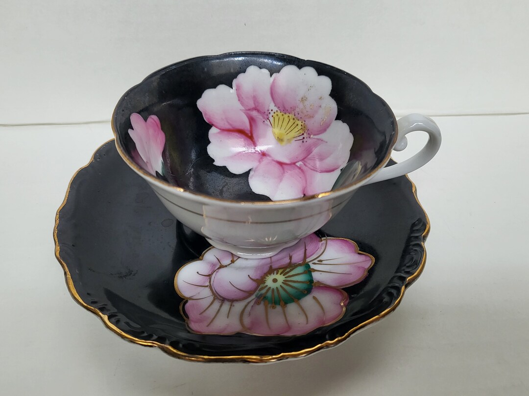 Vintage Tea Cup and Saucerblack and Pink Floral Japan K Hand Painted ...
