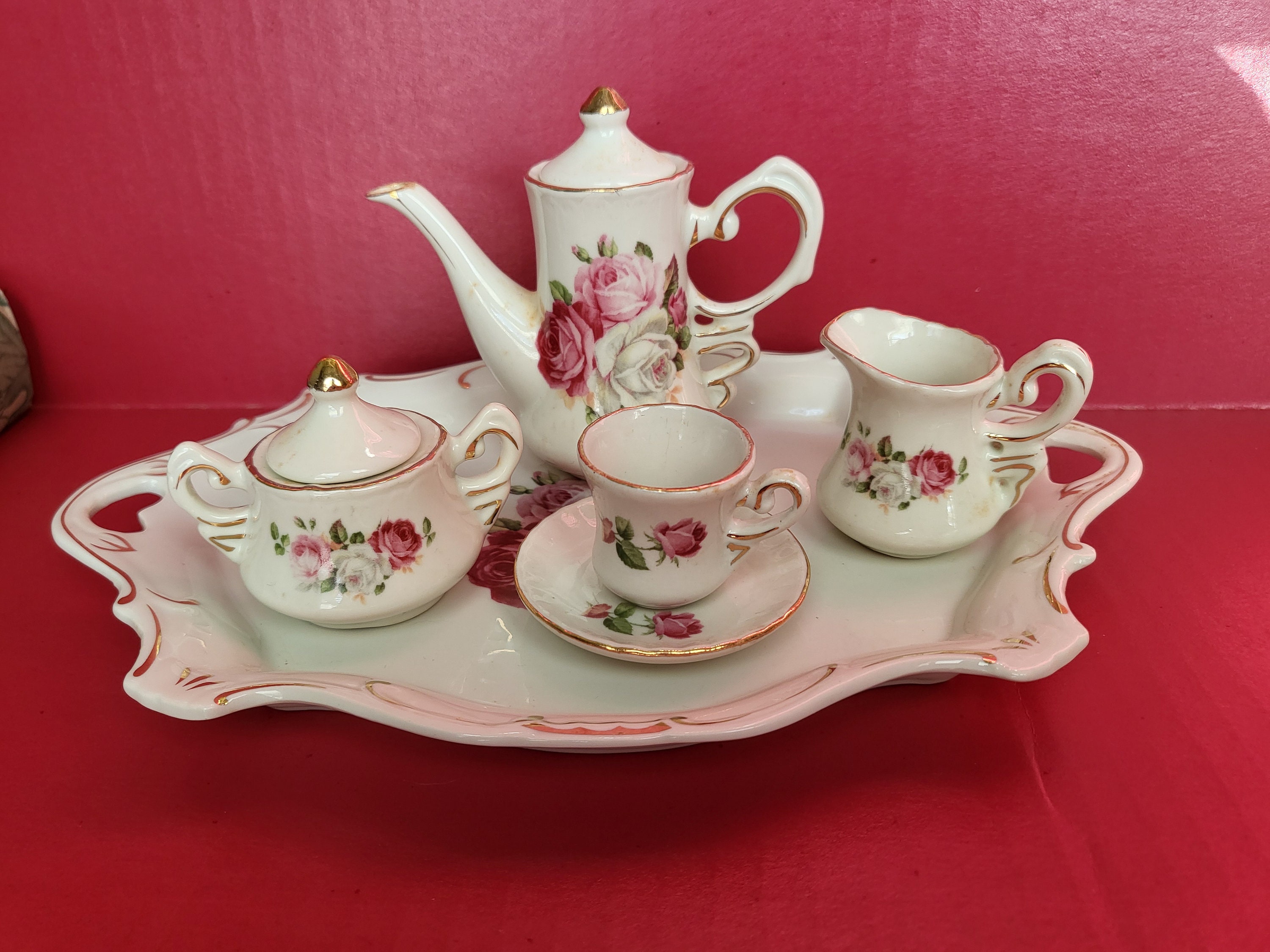 Vintage Miniature Tea Set Tiny Tea Set Pink Roses Small Tea Set Toy Tea ...