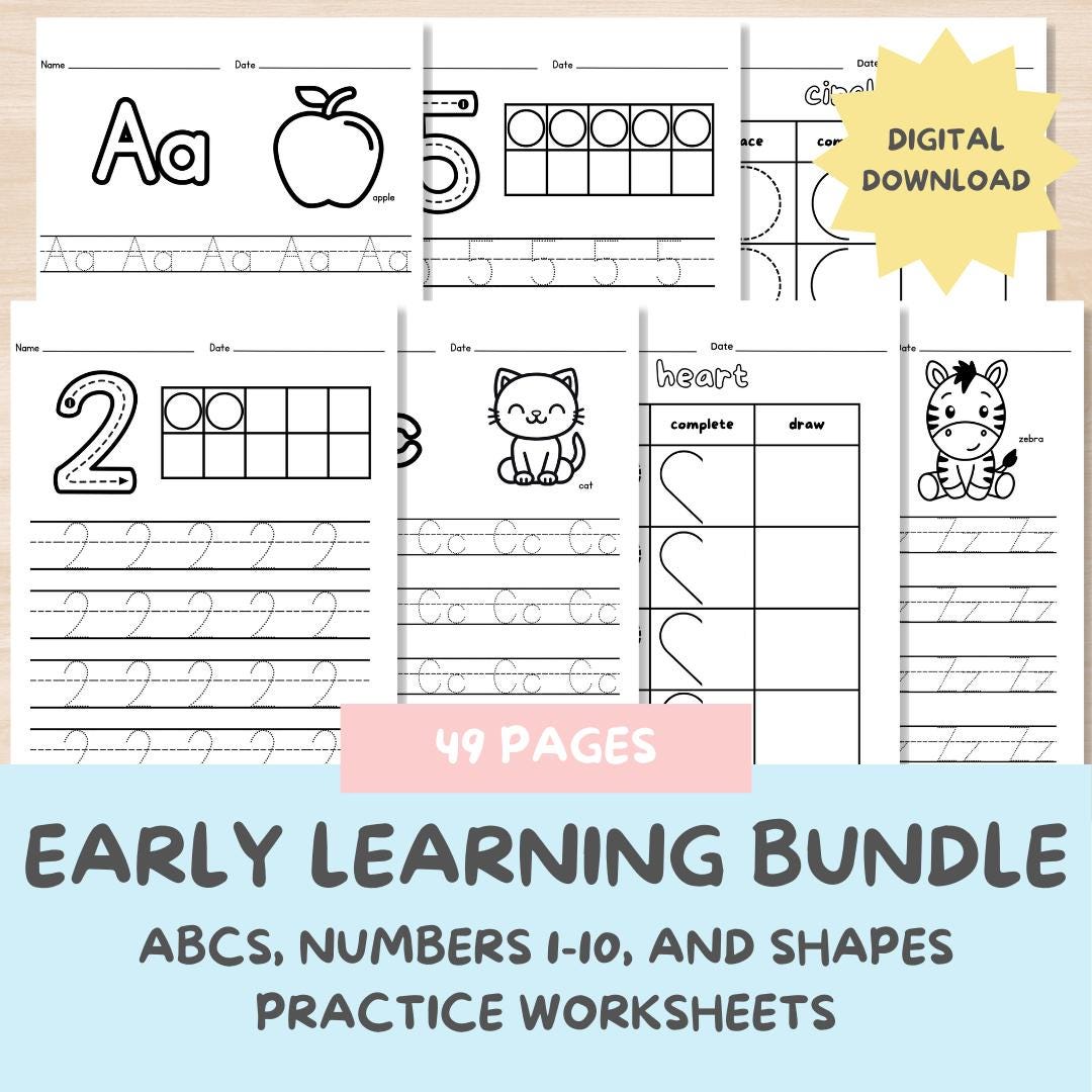 Preschool Early Learning Bundle - Alphabets, Numbers 1-10, and Shapes ...
