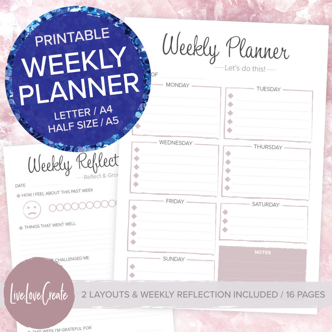 Weekly Planner & Reflection Printable Letter A4 A5 - Etsy