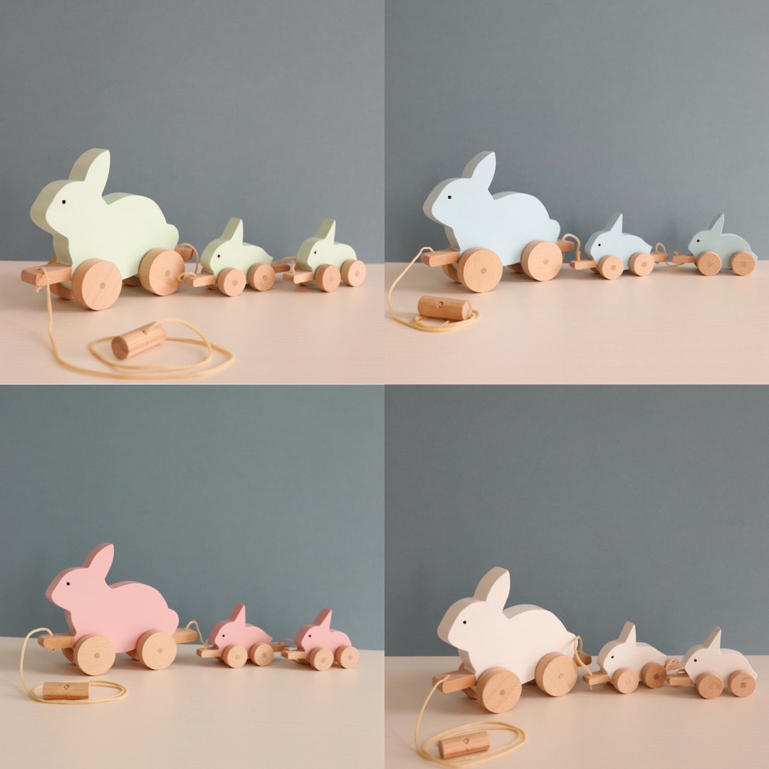 Wooden Pull-along Rabbit Family / Pull Along Bunnies Toys / Wooden Toy ...